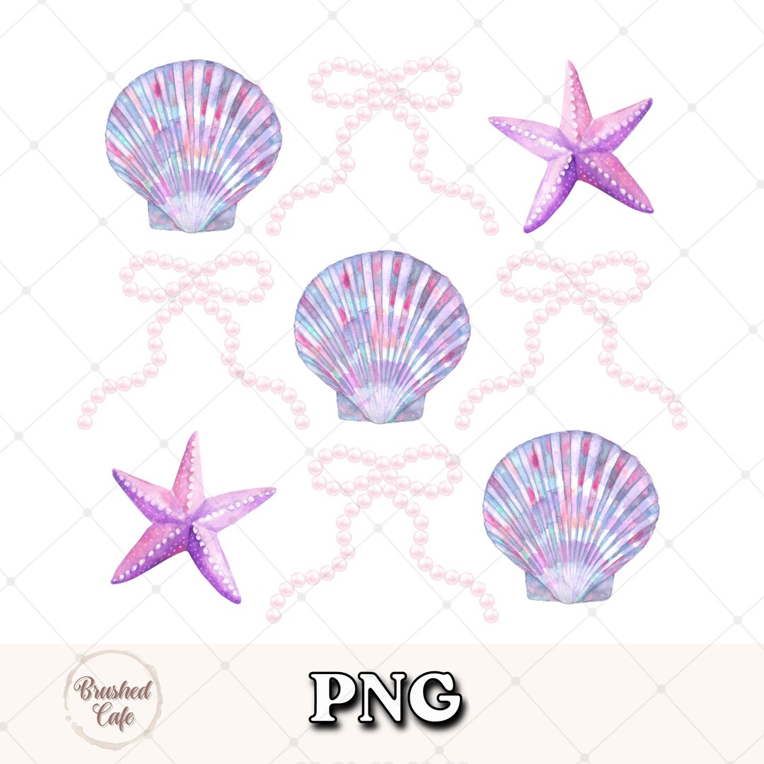 Seashell Coquette PNG: Mermaid Pearl Bows, Summer Beach Design (digital ...