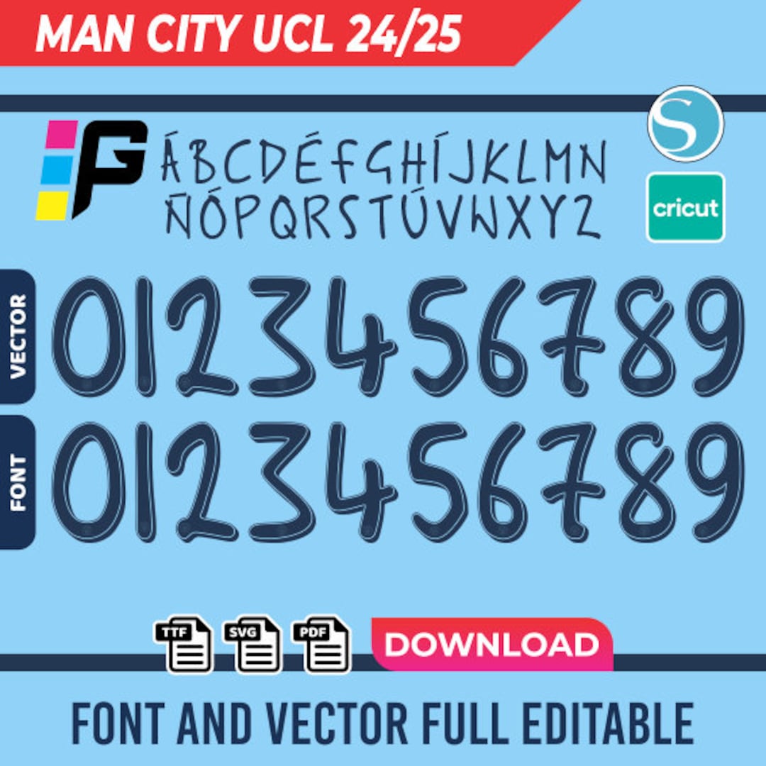 Man City Jersey Font Vector 2024 UCL Pdf, Svg, Ttf - Etsy