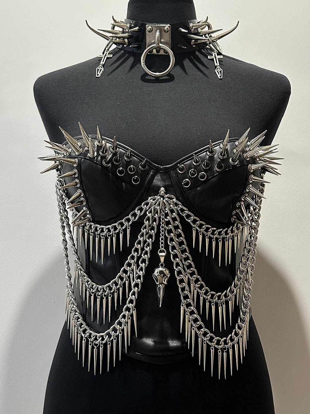 Spiked Vegan Leather Gothic Corset: Chain Tassel Bustier - Punk Rock ...