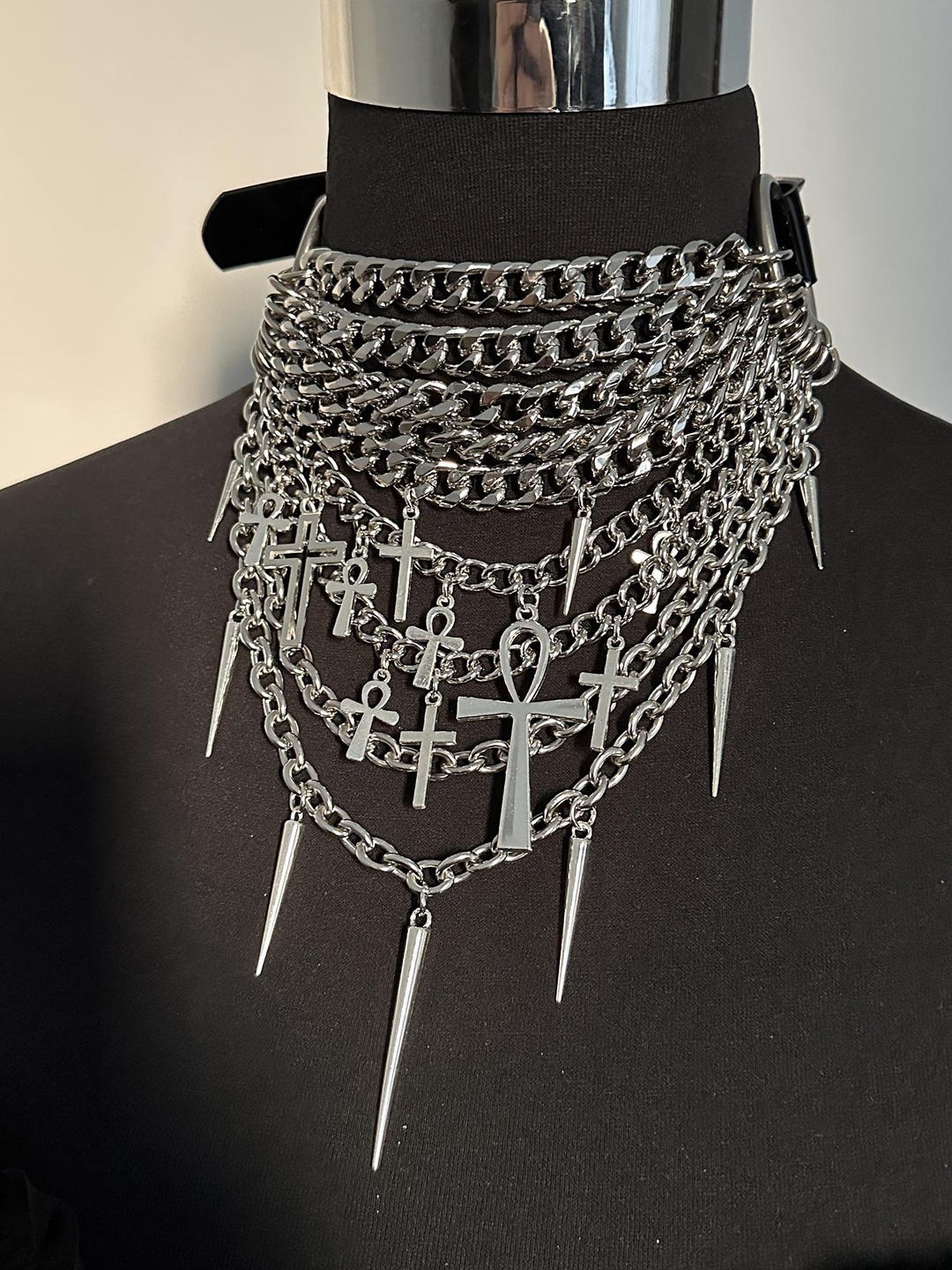 Gothic Choker Necklace, Layered Spike Chain Collar With Crosses ...