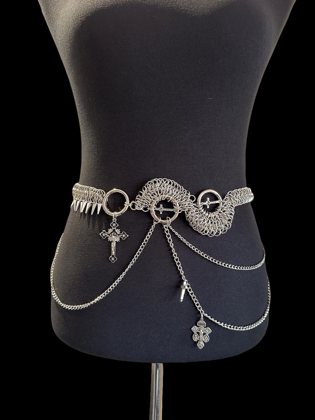 Gothic Chainmail Belt With Cross Charms Spikes Punk Rock Style Waist ...