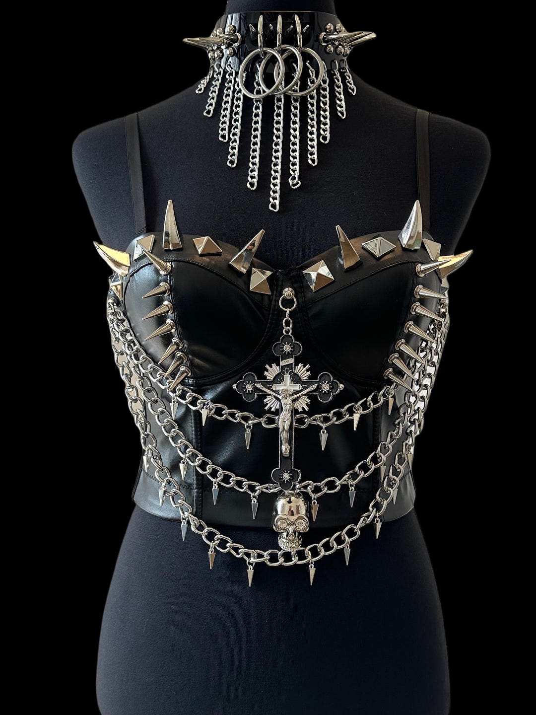 Gothic Spiked PU Faux Leather Bustier Top With Chains, Spikes and Cross ...
