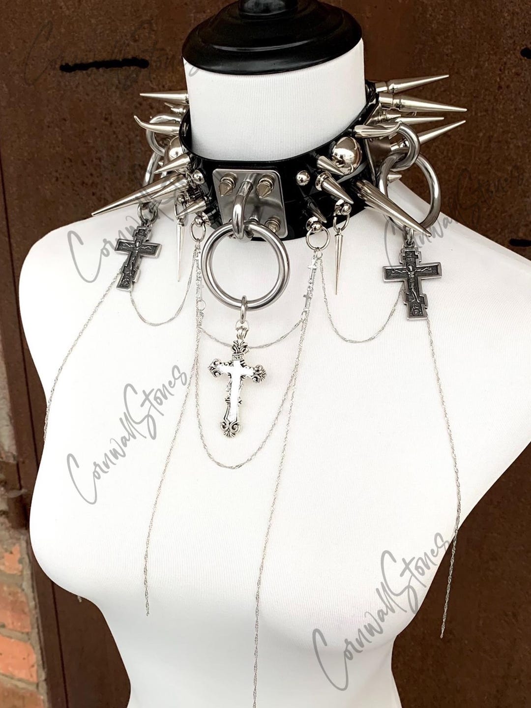 Dark Black Gothic Spike Studded Patent Leather Cyberpunk Metal Choker ...