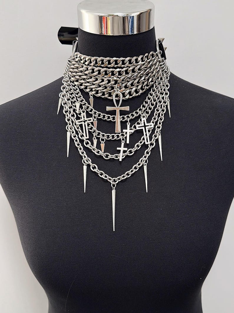 Layered Spiked Chain Collar With Crosses,gothic Choker Necklace ...