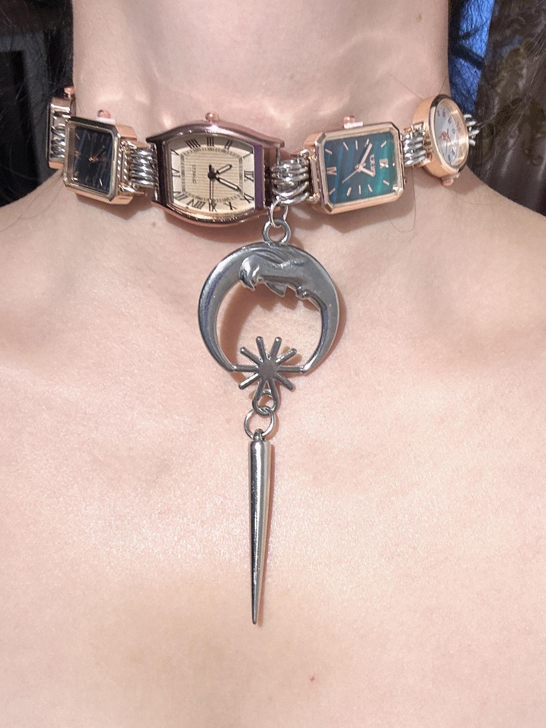 Y2K Watch Choker Necklace: Silver Chain, Multi-face Clock, Handmade - Etsy