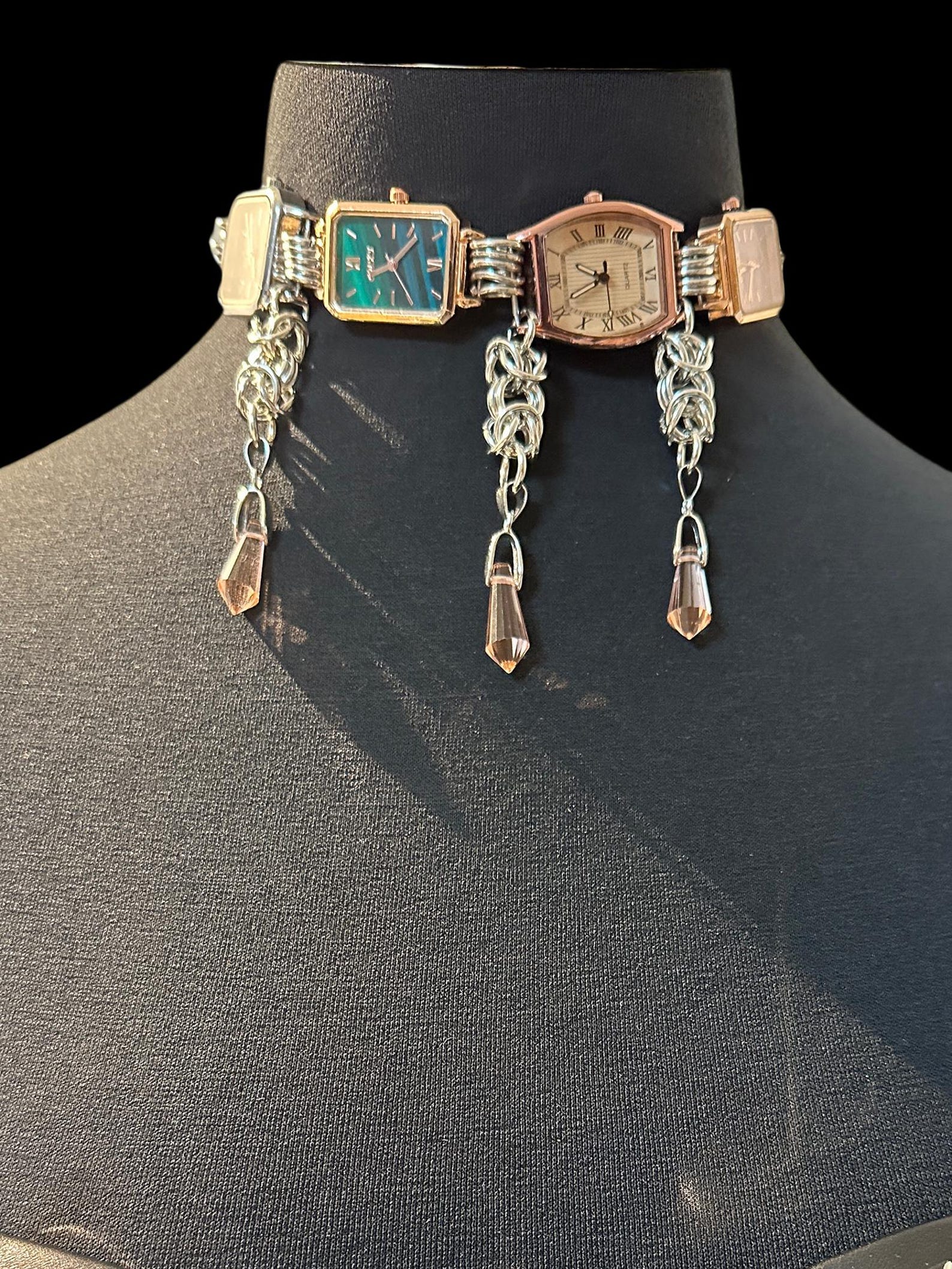 Handmade Watch Choker Necklace: Silver Chain, Multi-face Y2K Clock ...