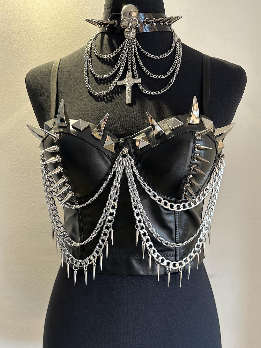 Gothic Spiked PU Faux Leather Bustier Top With Chains, Spikes and Cross ...