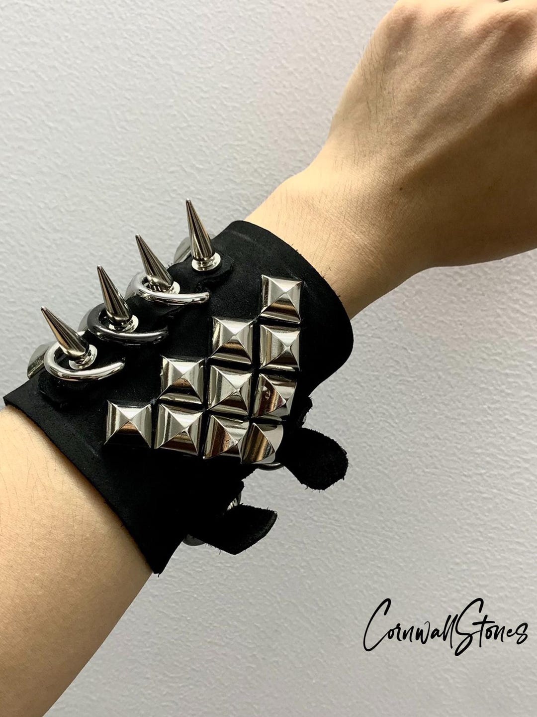 Punk Spikes Studded Cuff Bracelet, Genuine Lather Buckle Bracelet ...