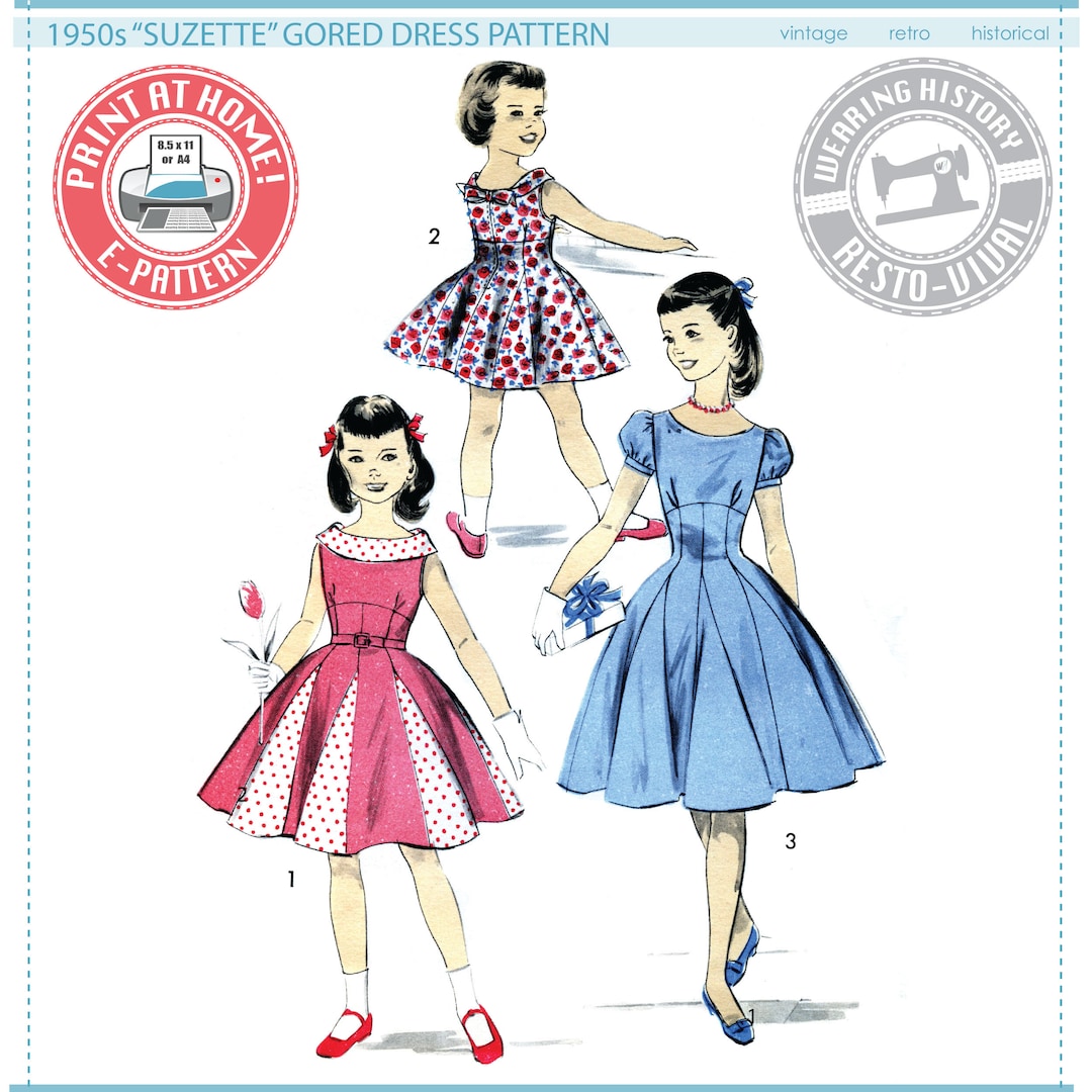 E-pattern- 1950s "suzette" Girls Gored Dress Pattern- Sizes 2-12 ...