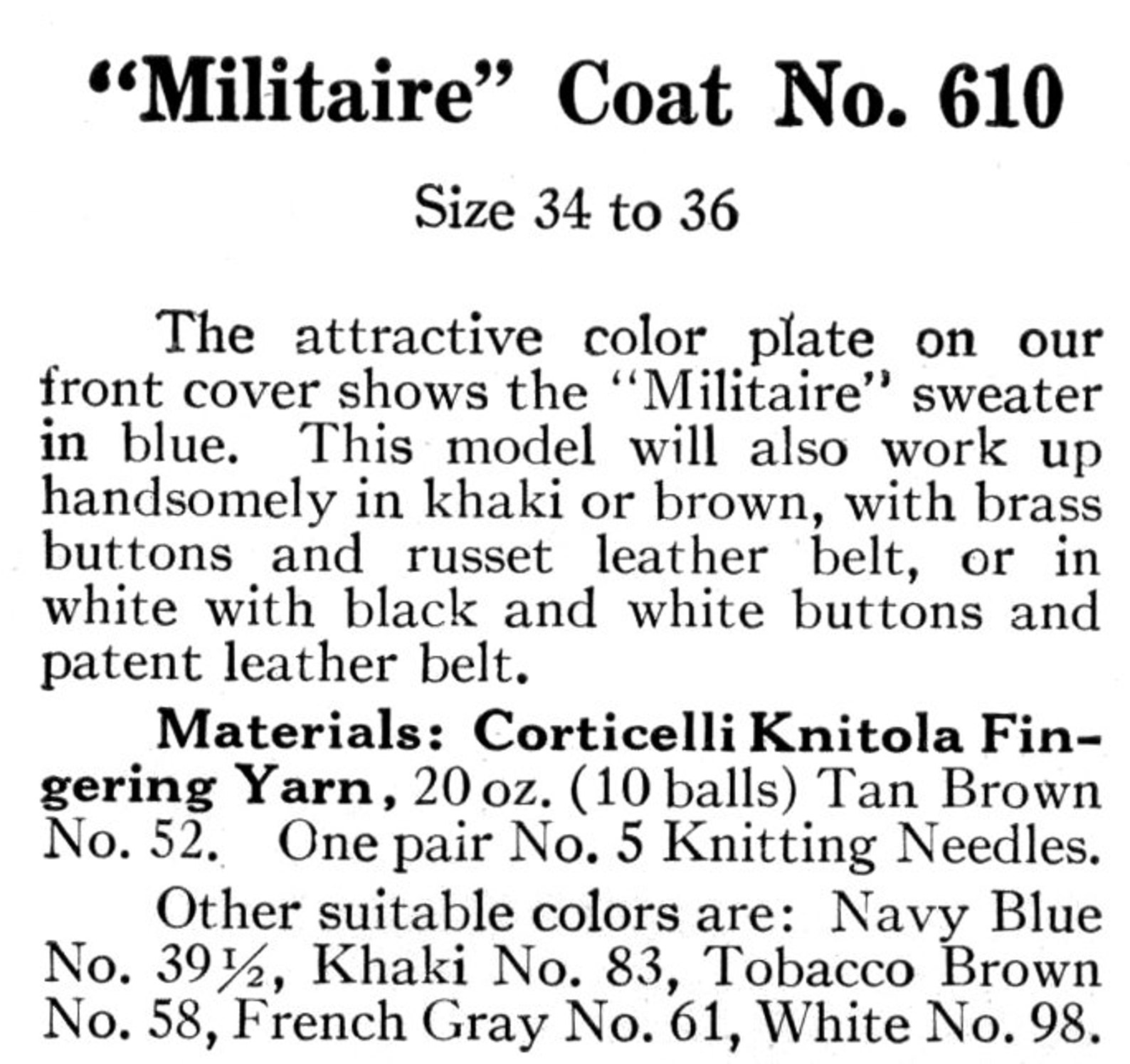 1910s WWI Military Inspired Sweater Coat Knitting E-pattern- PDF ...