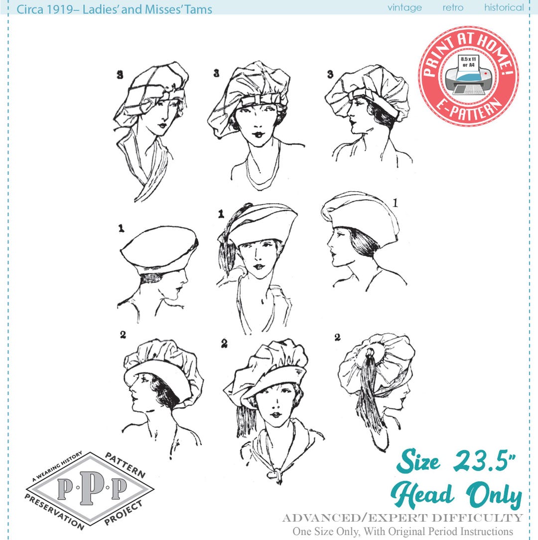 E-pattern- Circa 1919 Tam Hats- Size 23.5" Head- Wearing History 1910s ...
