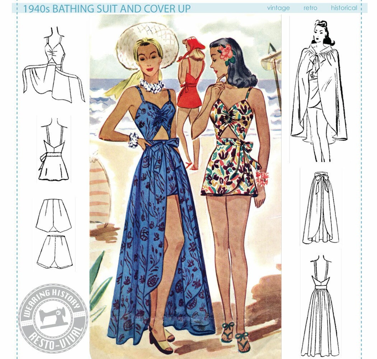 PRINTED PATTERN- Early 1940s Bathing Suit & Cover up Pattern- Size 30 ...