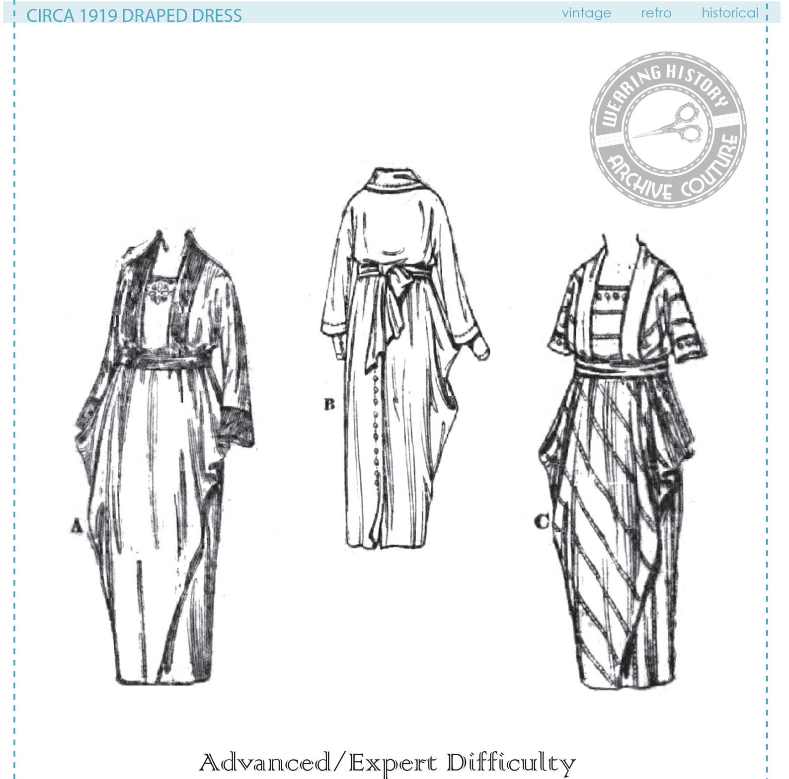 PRINTED PATTERN- Circa 1919 Draped Dress- 1910s- WWI- Bust 36 ...