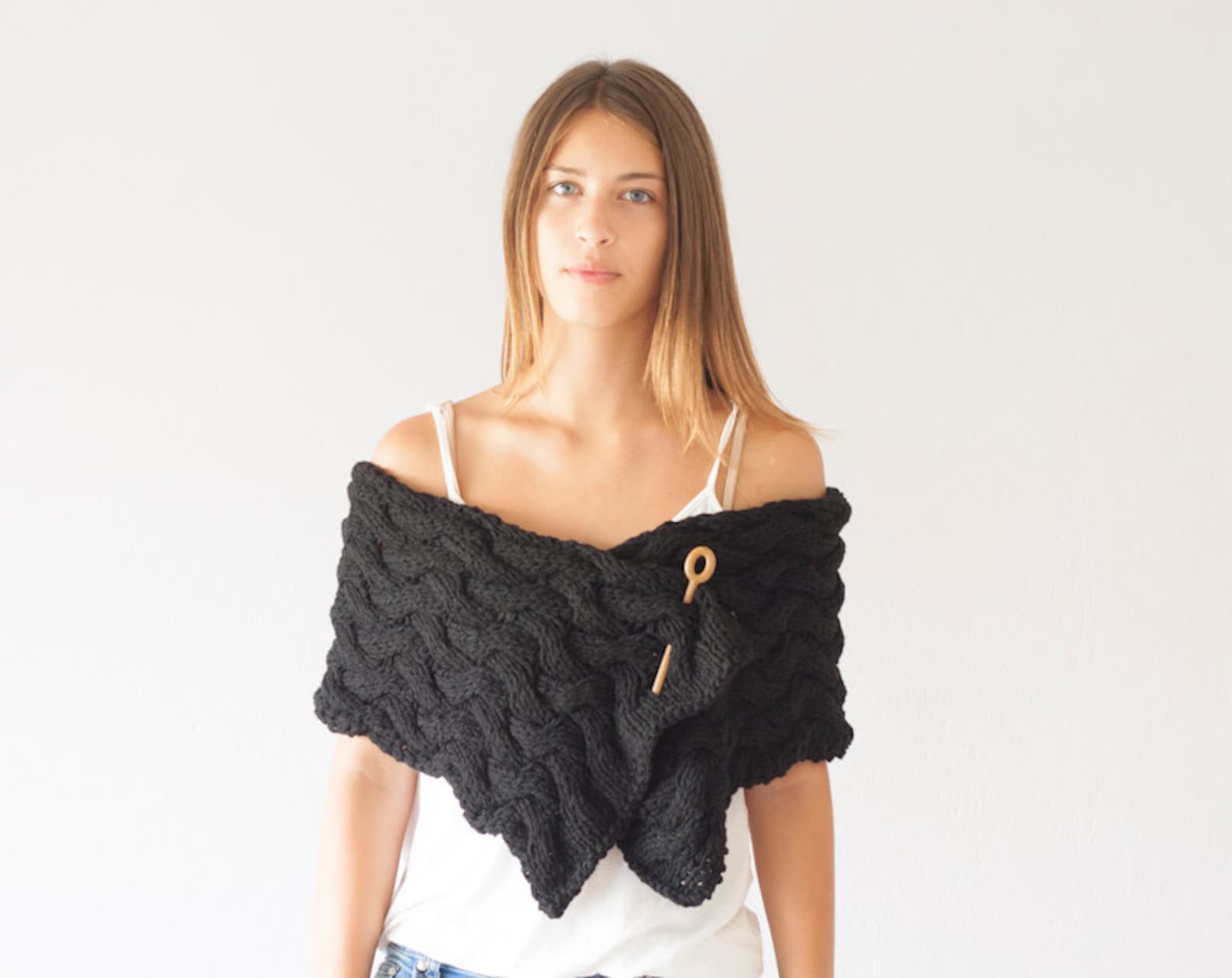 Sales Black Knit Shoulder Wrap Neck Warmer Button Scarf Long Scarf Cowl ...