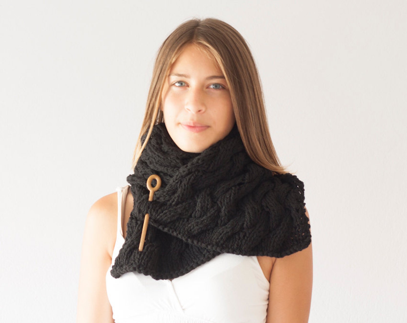 Sales Black Knit Shoulder Wrap Neck Warmer Button Scarf Long Scarf Cowl ...