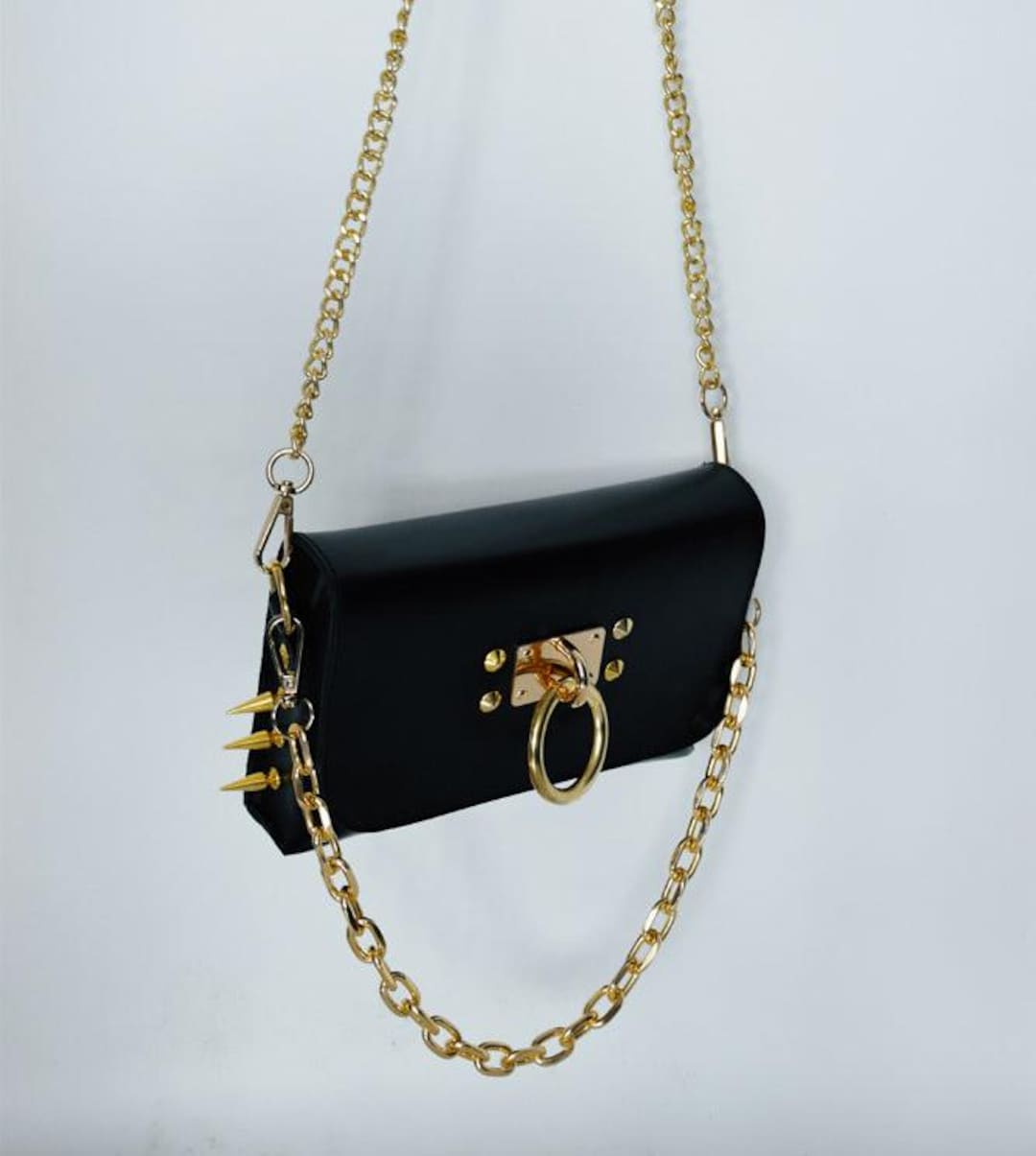 KAJAN GOLD BAG: Spiked Leather Purse With Golden Chain Handle and Belt ...