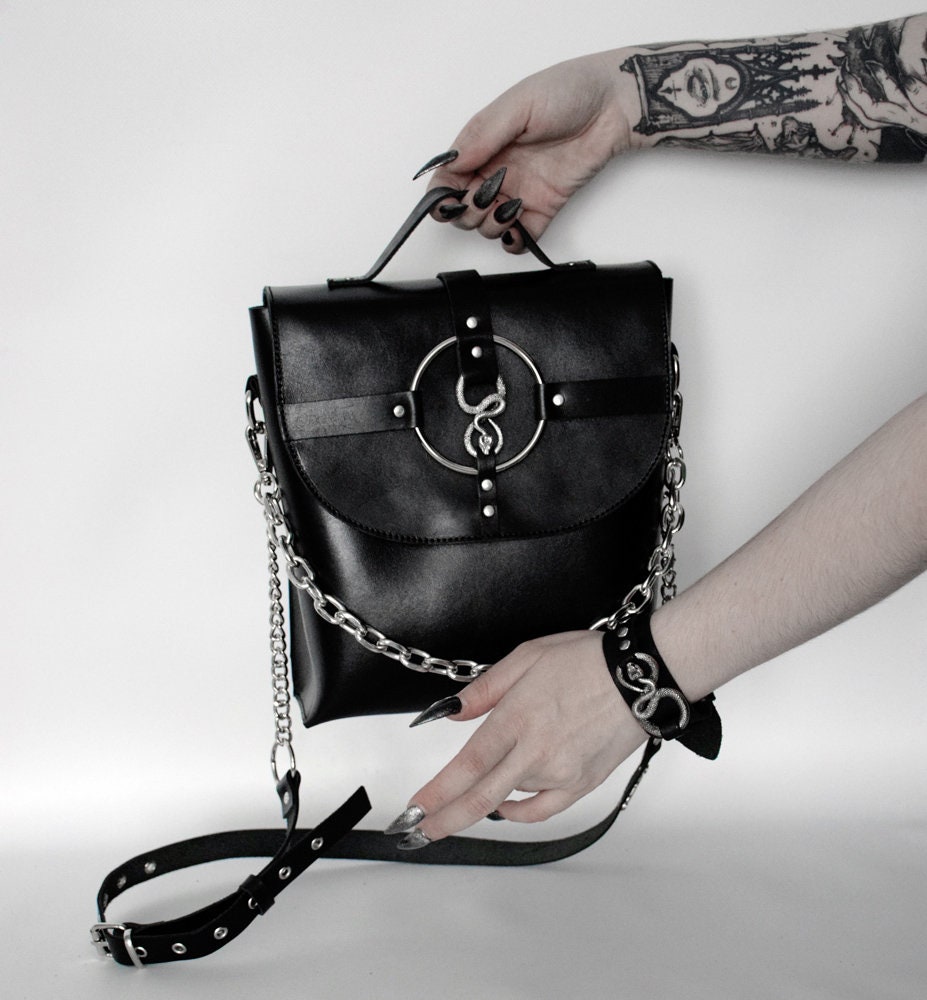 NOIR SNAKE BAG: Leather Handbag/backpack With Chain Handle and Snake ...