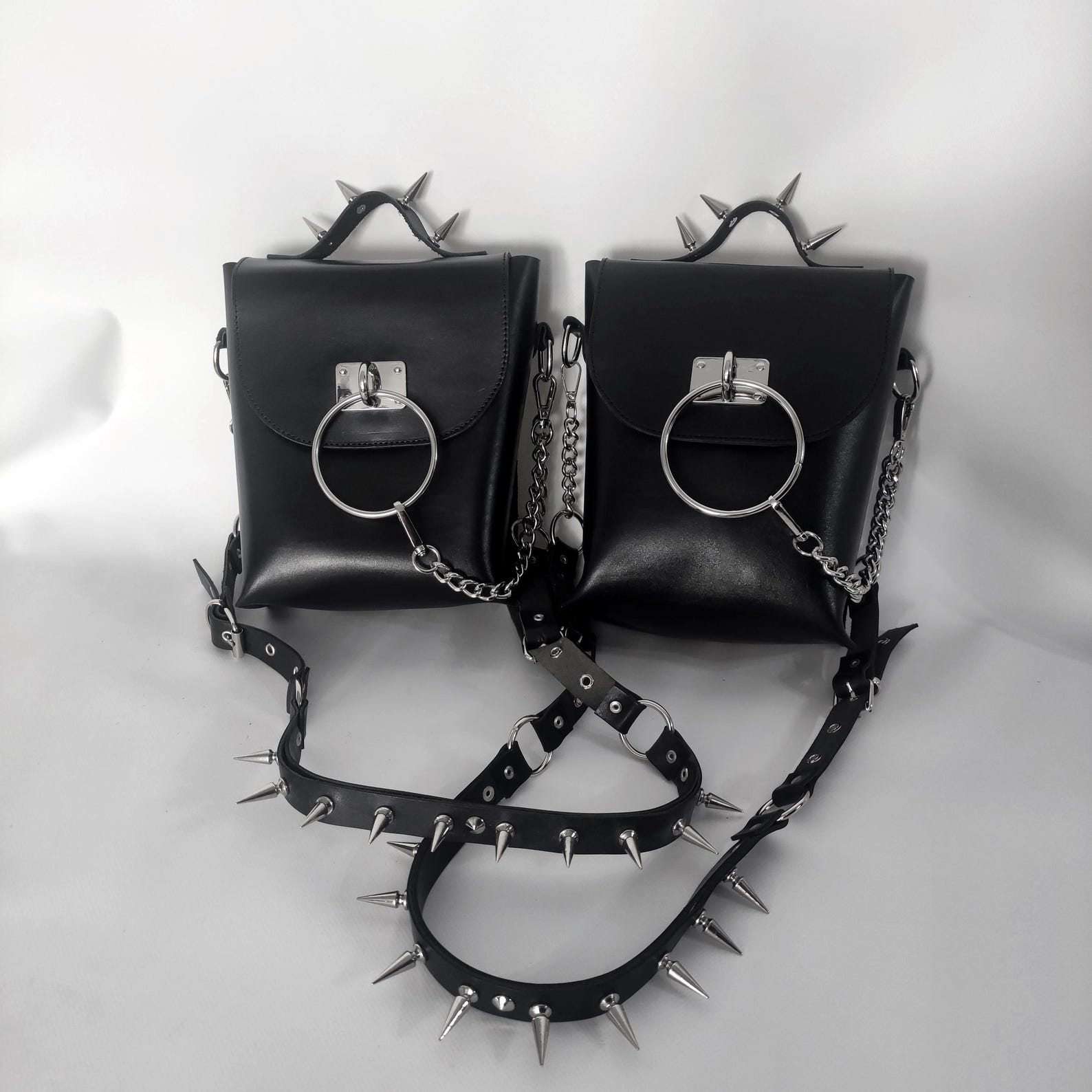 NOIR Spiked Leather Top Handle Bag: O-ring Chain Detail - Etsy
