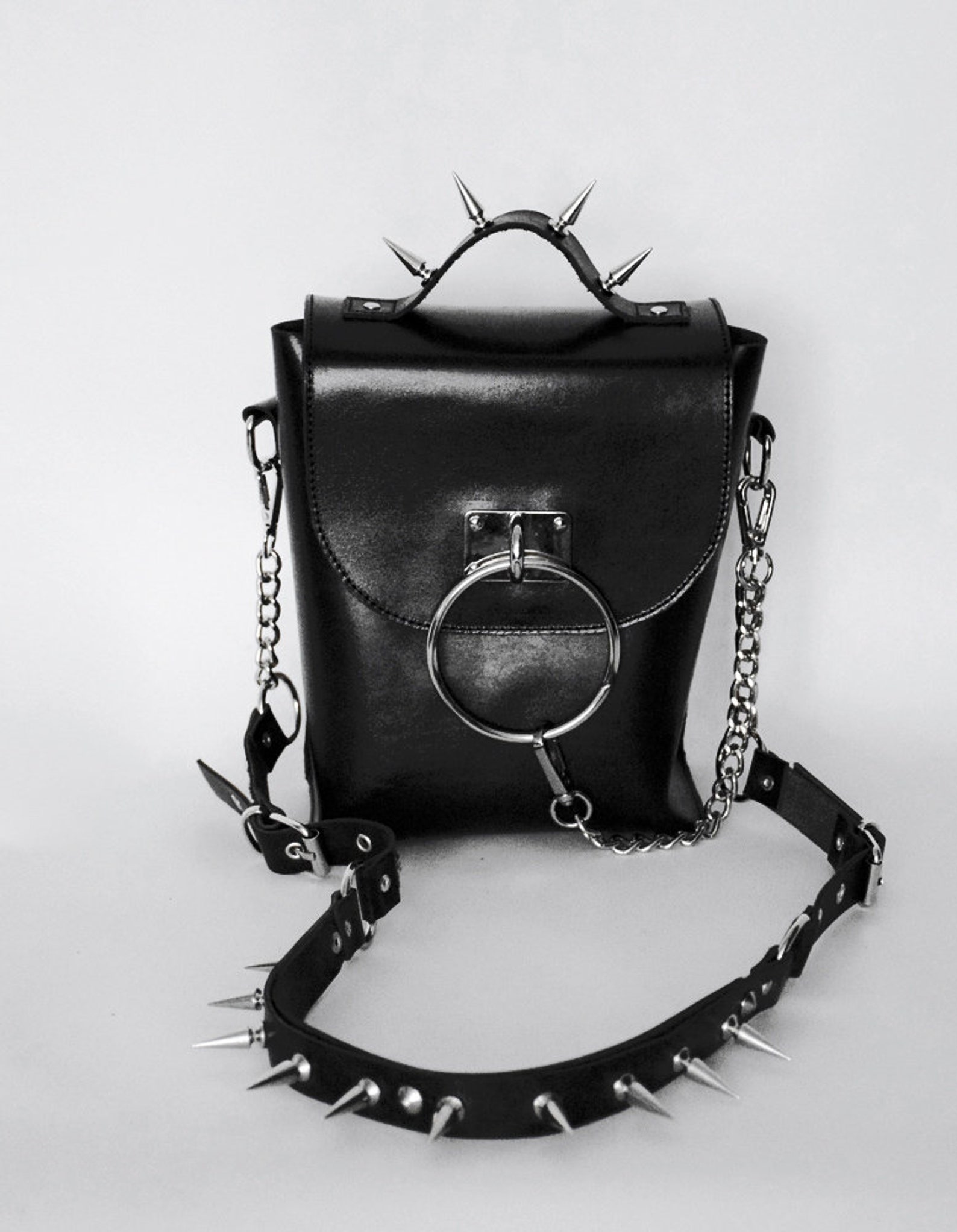 NOIR Spiked Leather Top Handle Bag: O-ring Chain Detail - Etsy