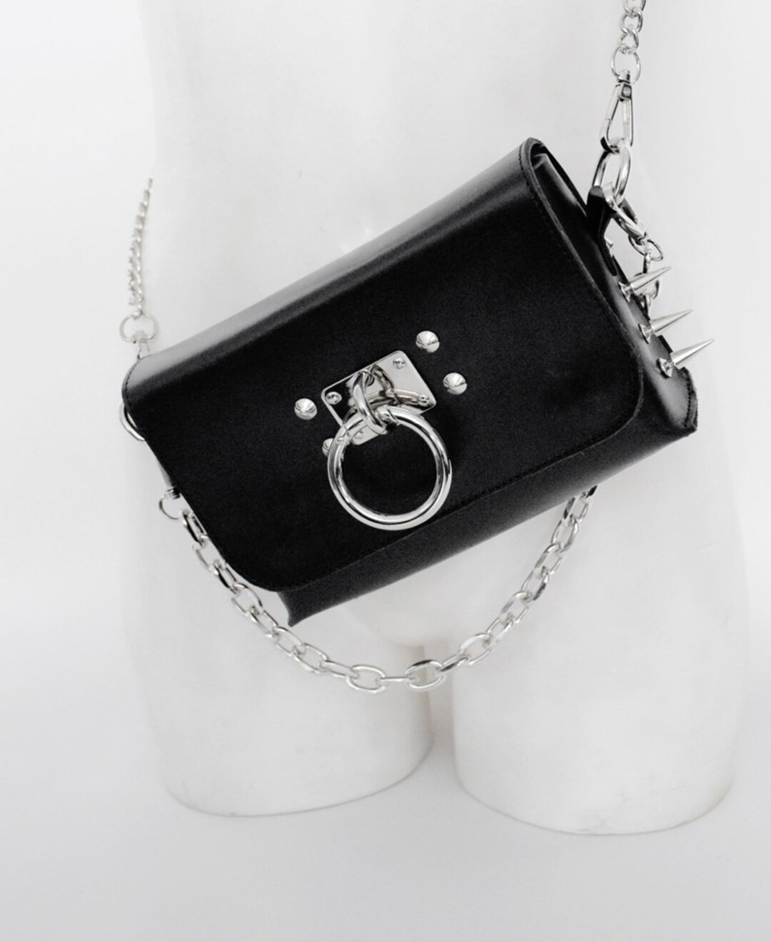 KAJAN SPIKED BAG: Leather Purse With Spikes, Chain Handle and Belt ...