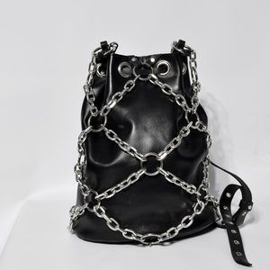CHAIN CAGED BAG: Leather Drawstring Bag With the Metal Chain Cage - Etsy