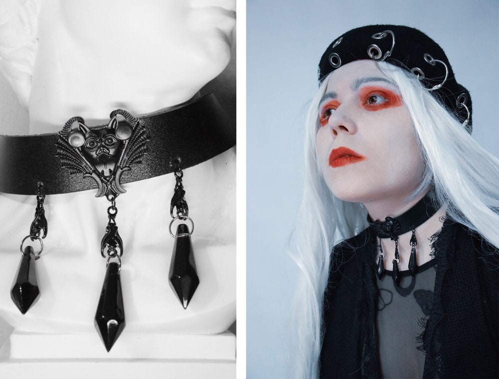 GARGOYLE CHOKER: Black or Red Pvc Choker With Crystals and Small Metal ...