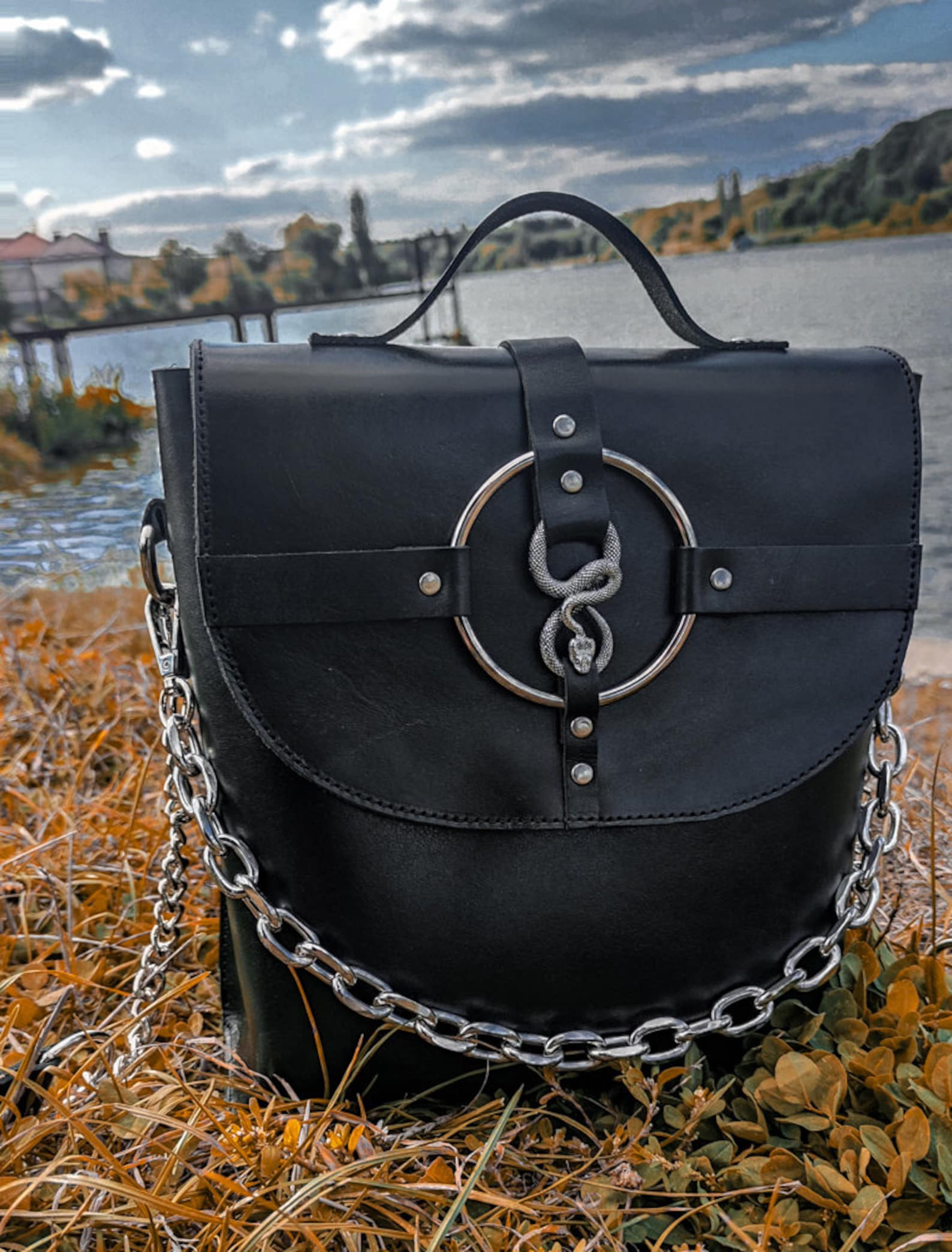 NOIR SNAKE BAG: Leather Handbag/backpack With Chain Handle and Snake ...