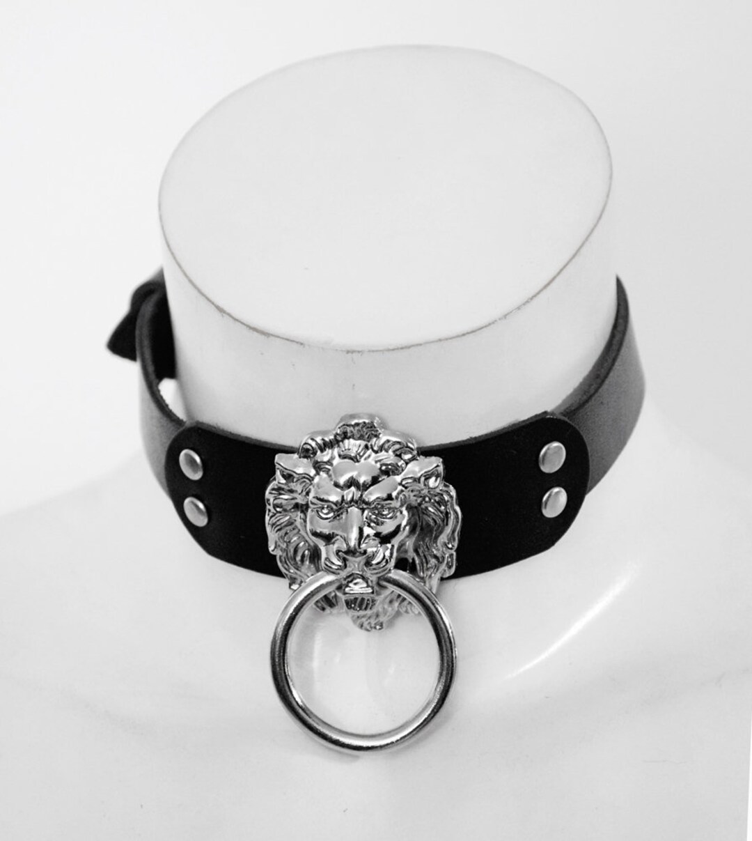 LION’S HEAD CHOKER: Black Leather Collar With Lion Head Detail, Silver ...