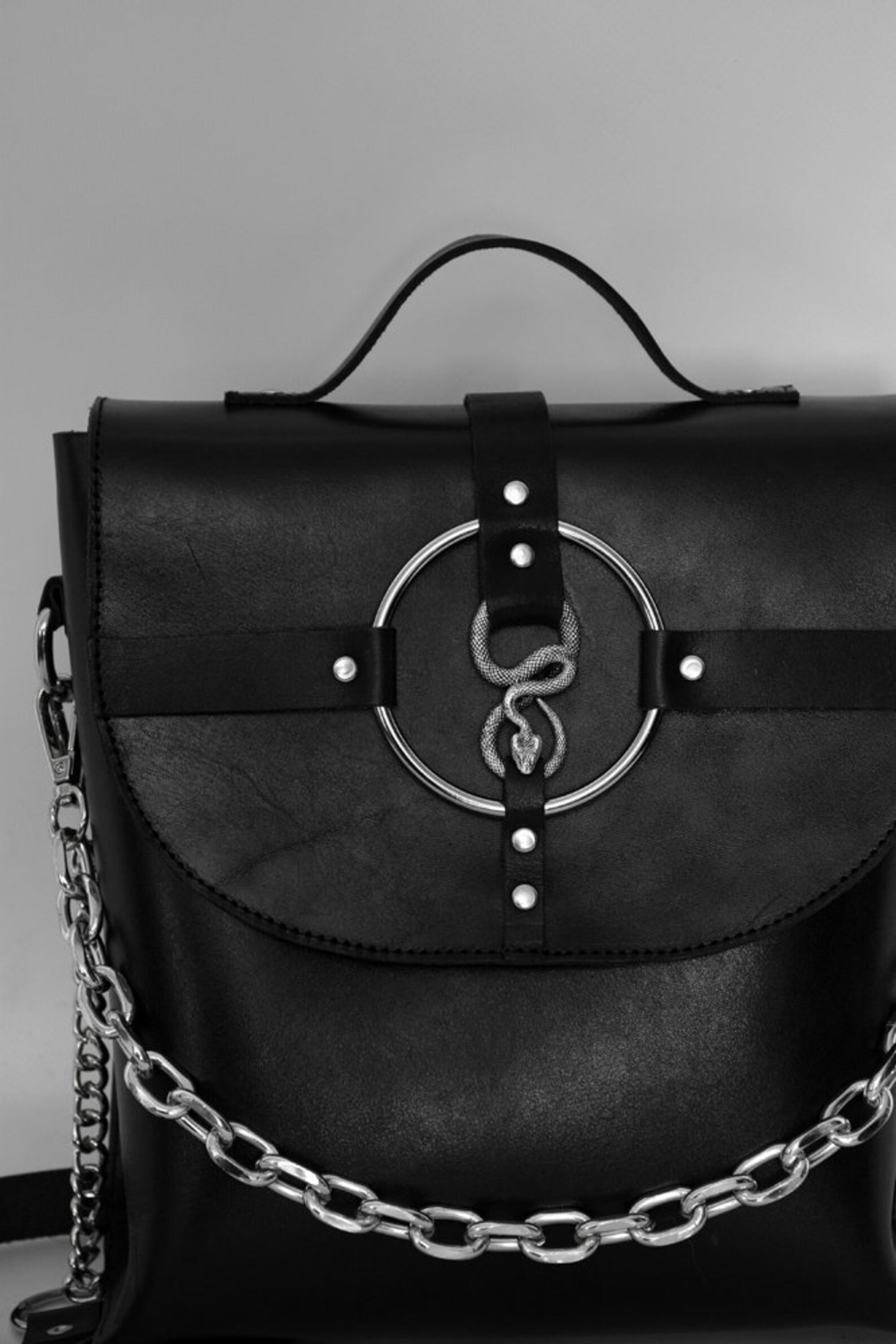 NOIR SNAKE BAG: Leather Handbag/backpack With Chain Handle and Snake ...