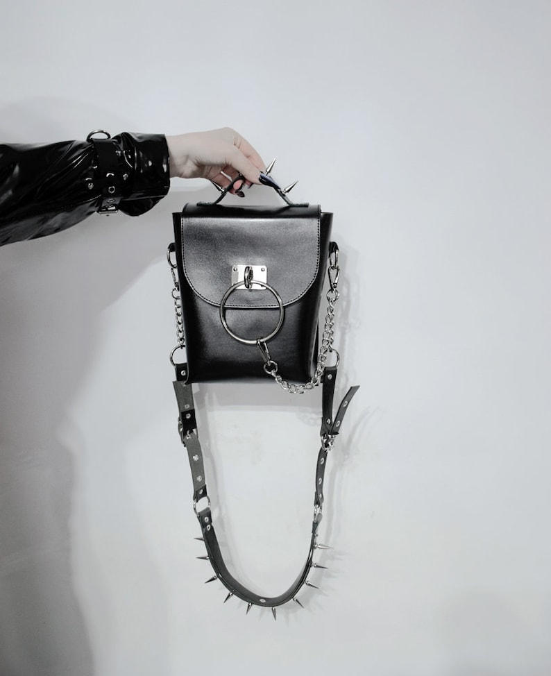 NOIR Spiked Leather Top Handle Bag: O-ring Chain Detail - Etsy