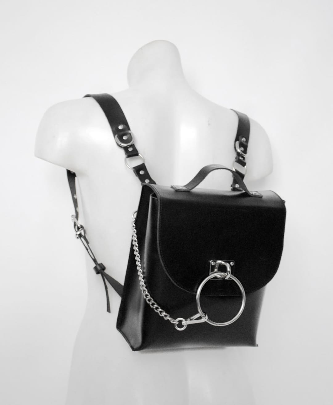 NOIR BACKPACK: Black Leather Backpack With O-ring, Harness and Crystals ...
