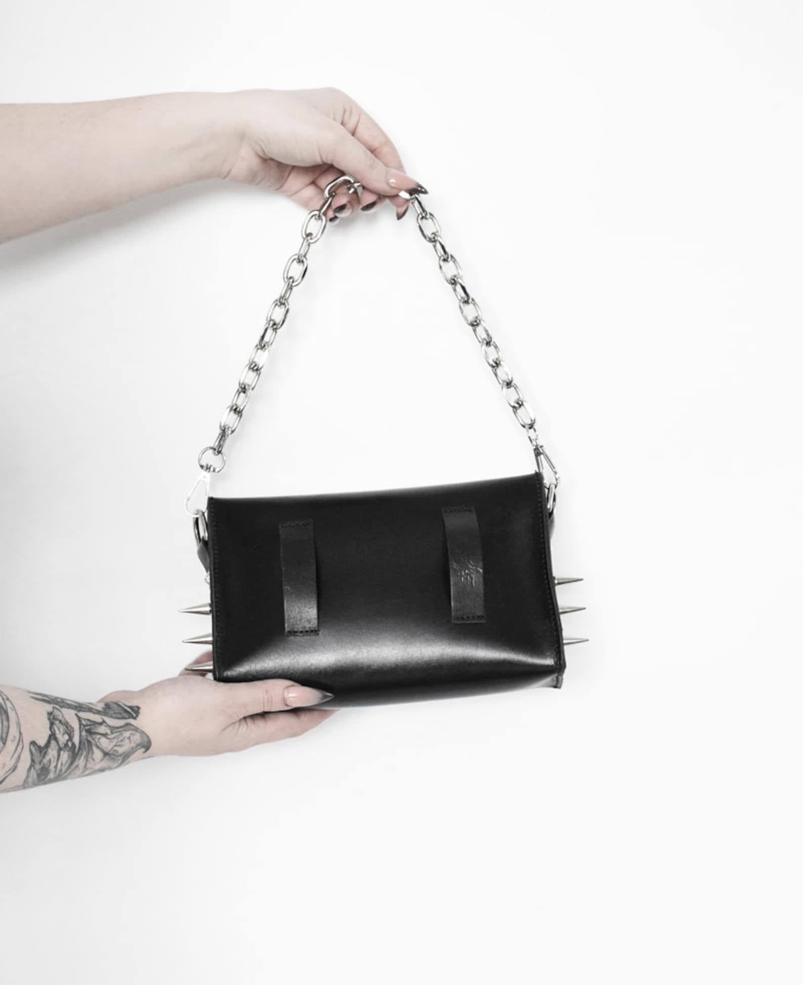 KAJAN SPIKED BAG: Leather Purse With Spikes, Chain Handle and Belt ...