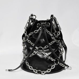CHAIN CAGED BAG: Leather Drawstring Bag With the Metal Chain Cage - Etsy