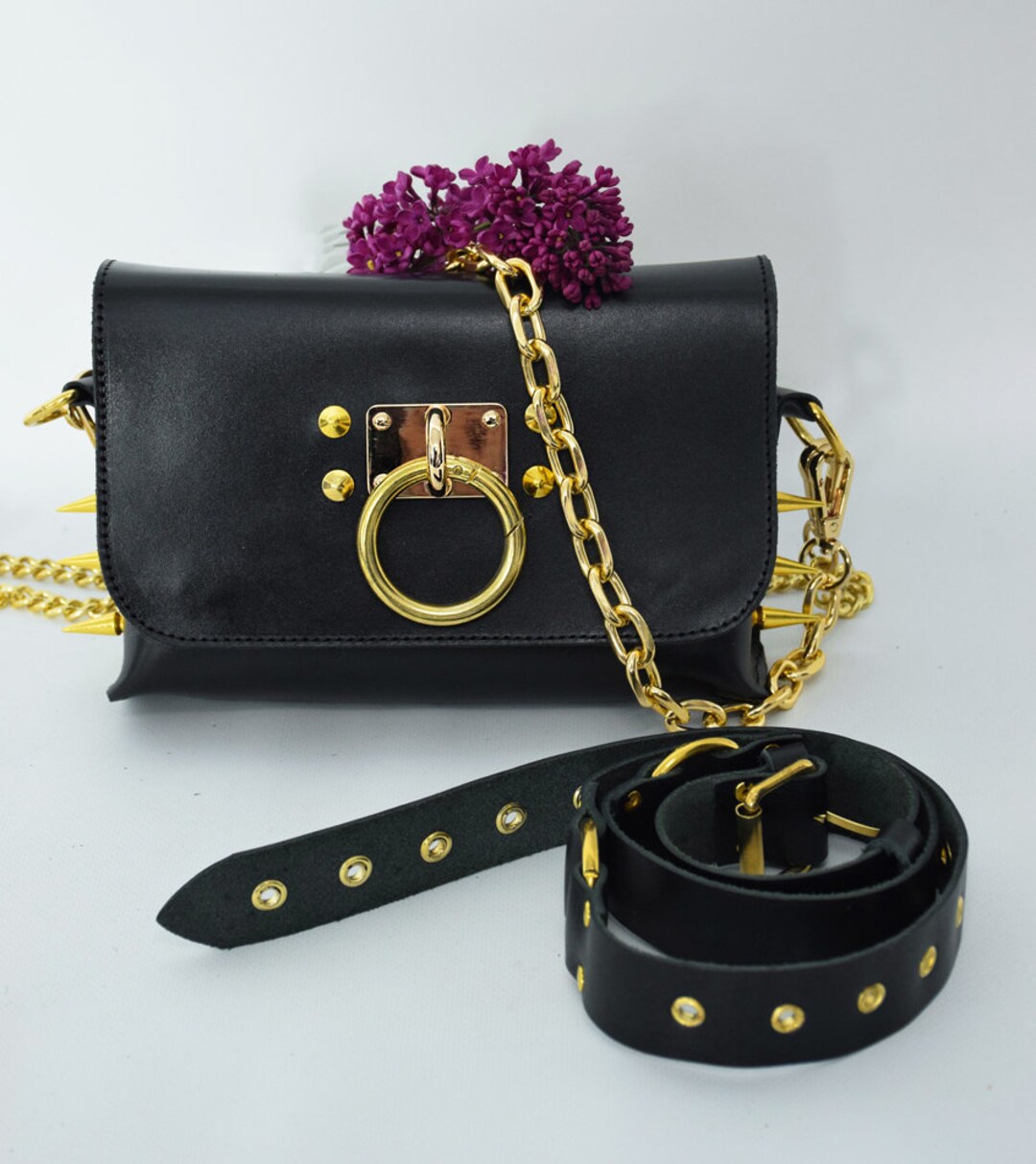 KAJAN GOLD BAG: Spiked Leather Purse With Golden Chain Handle and Belt ...