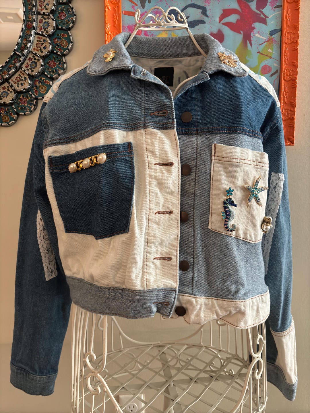 Sea-themed Patchwork Denim Jacket With Brooches Size Medium - Etsy