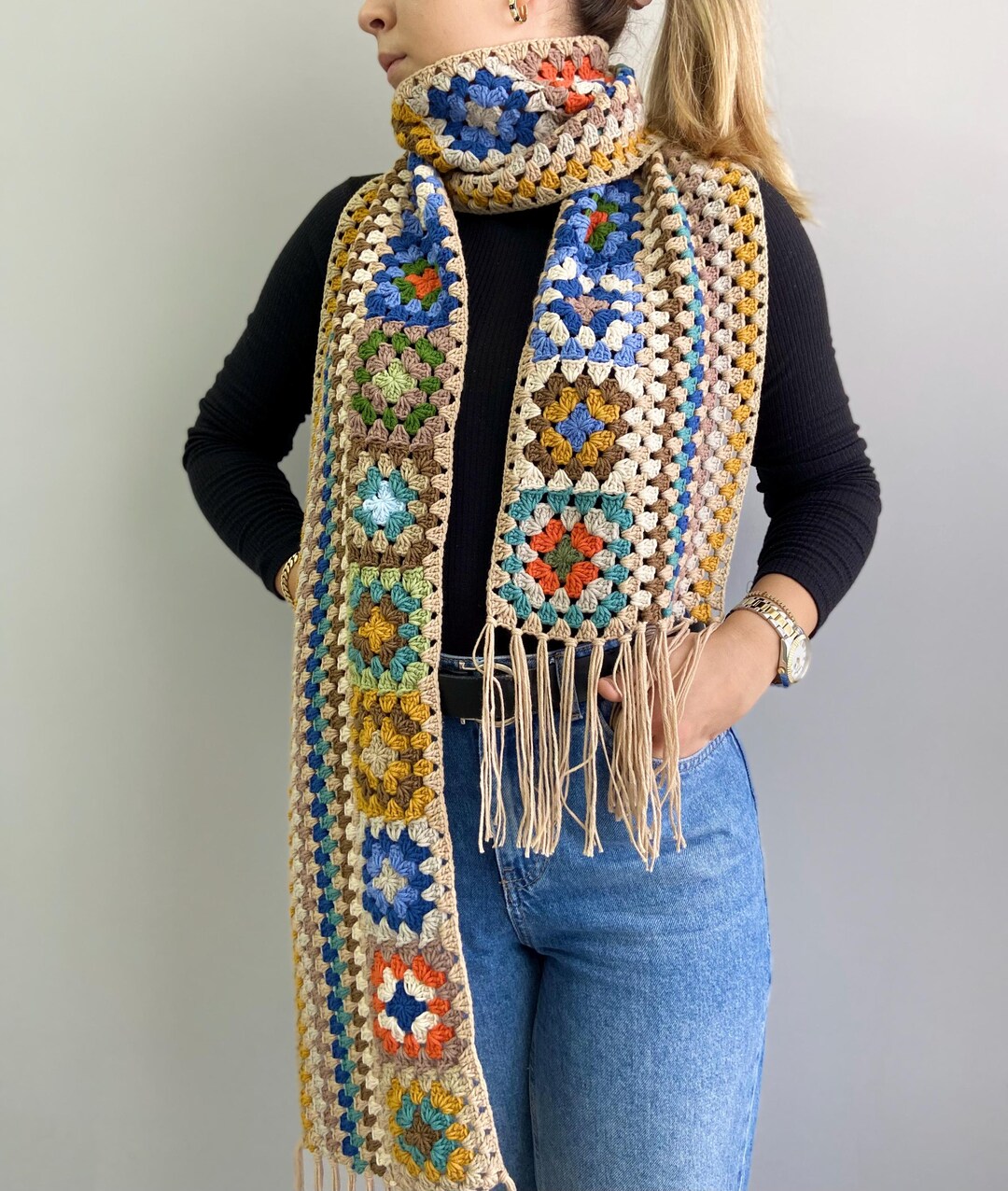 Handmade Crochet Granny Square Scarf: Boho Knit Winter Accessory - Etsy