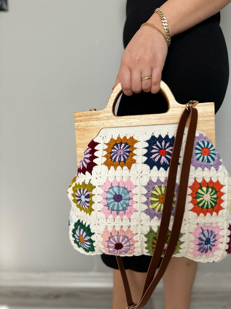Crochet Shoulder Bag, Granny Square Crossbody Bag, Handcrafted Boho Chic Crochet Bag With Wooden ...
