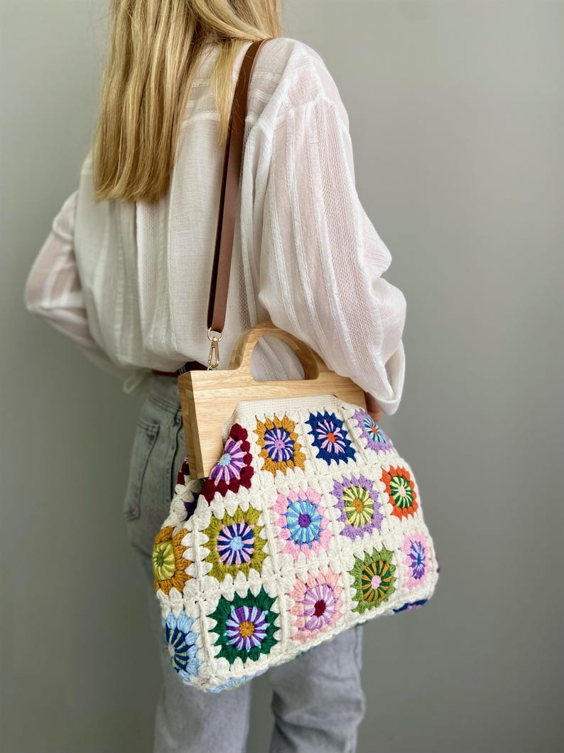 Crochet Shoulder Bag, Granny Square Crossbody Bag, Handcrafted Boho Chic Crochet Bag With Wooden ...