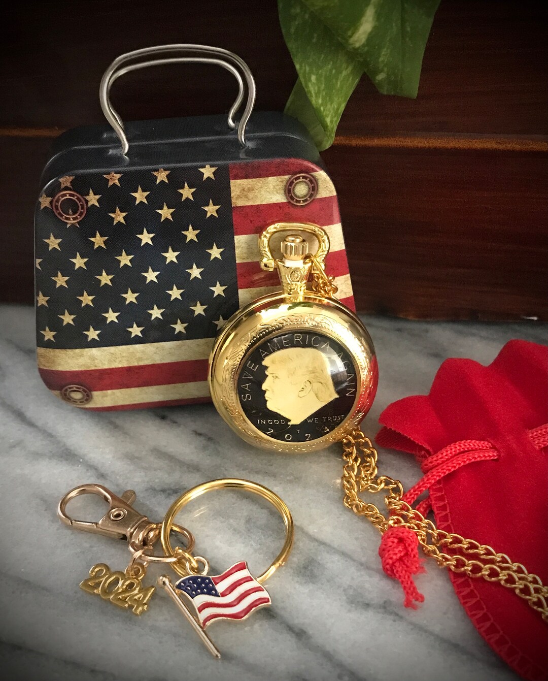 Trump Pocket Watch Gold Save America Again Pocket Watch in Red Velvet ...