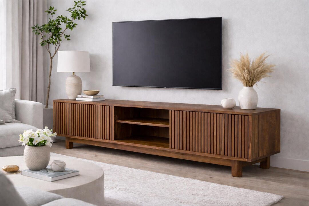 Solid Black Walnut Media Console – Modern Slatted TV Stand ...