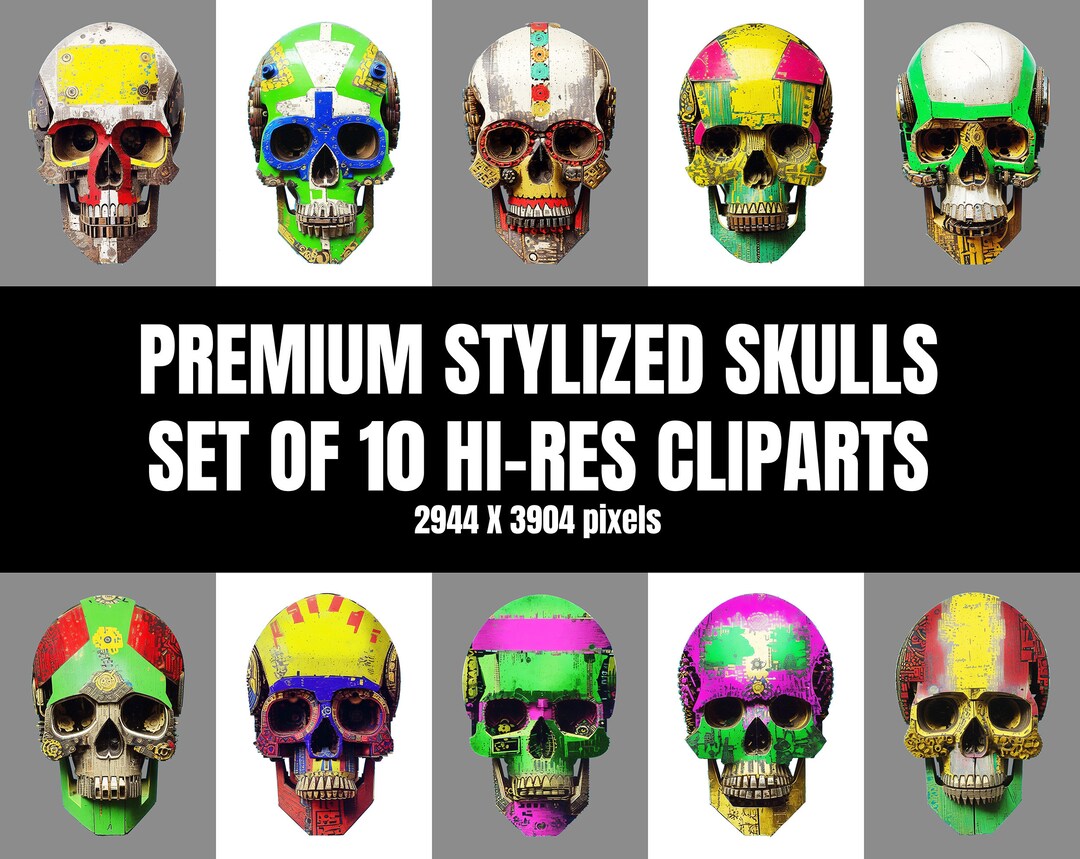 10 Stylized Skulls Clipart in PNG Format great for Collage Art, Poster ...
