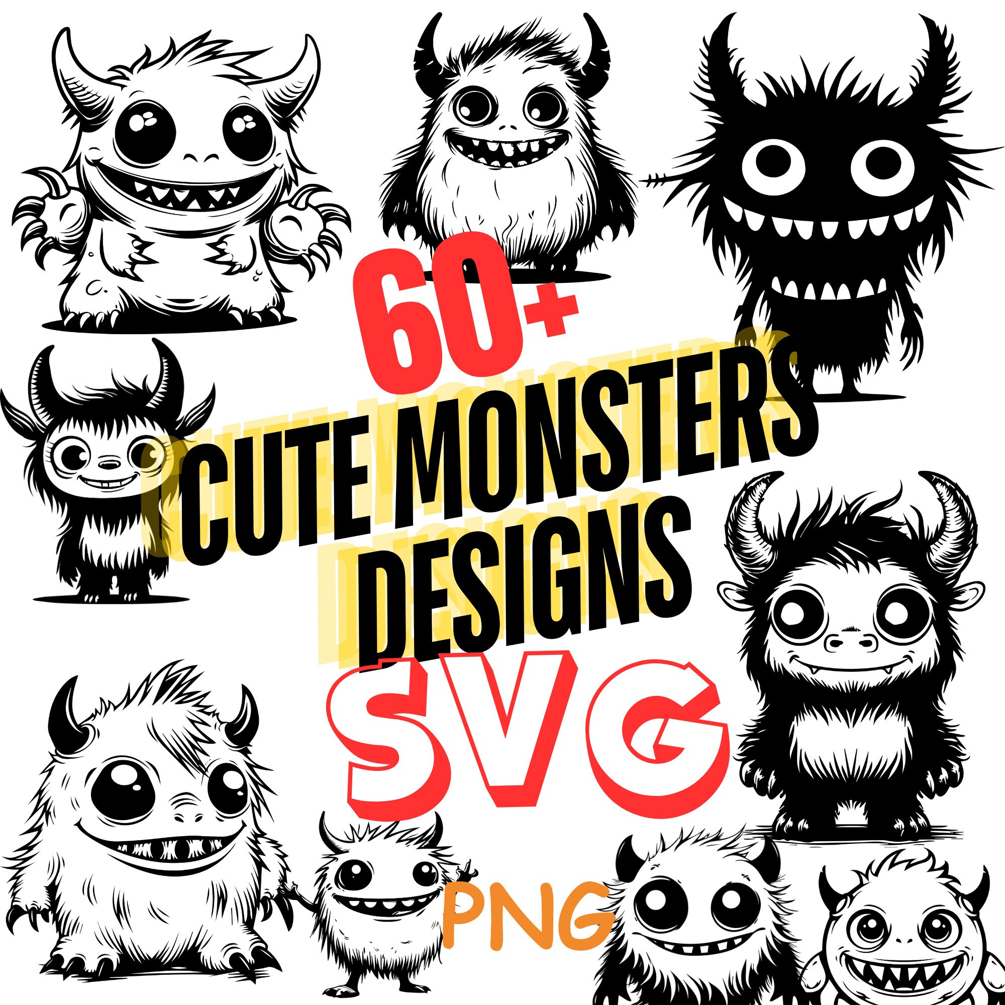 60 Cute Monster Digital Files, SVG, 300 DPI Transparent Background PNG ...