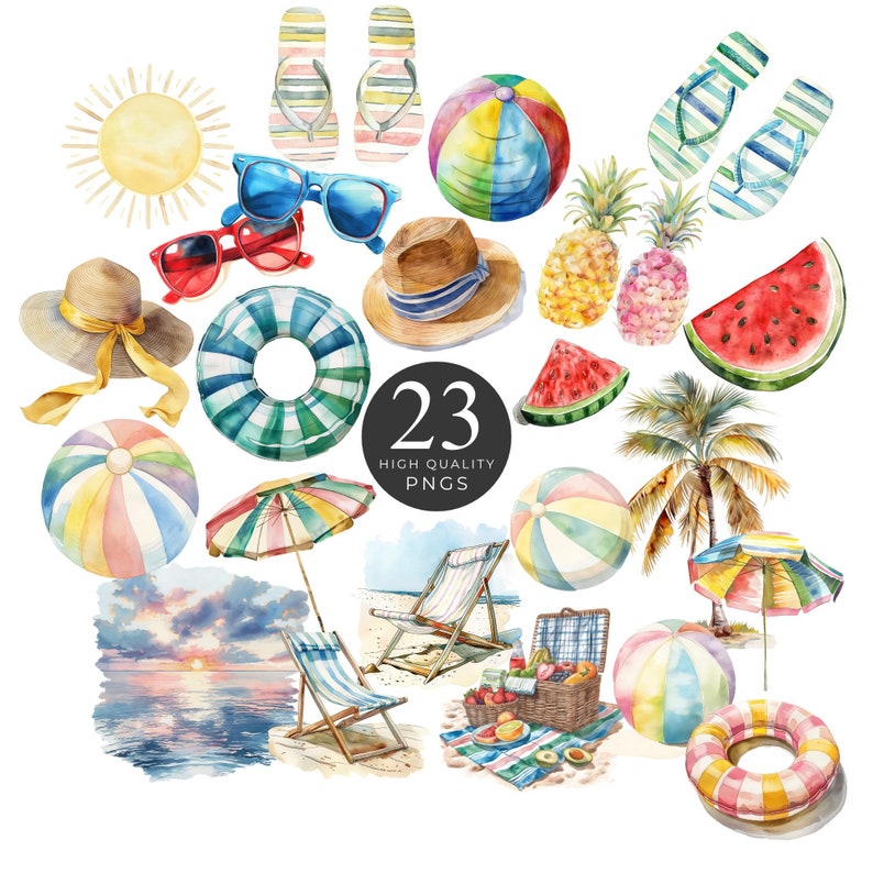 Summer Fun in the Sun Clipart Pack, Beach Swim, Picnic, Ocean Sunset ...