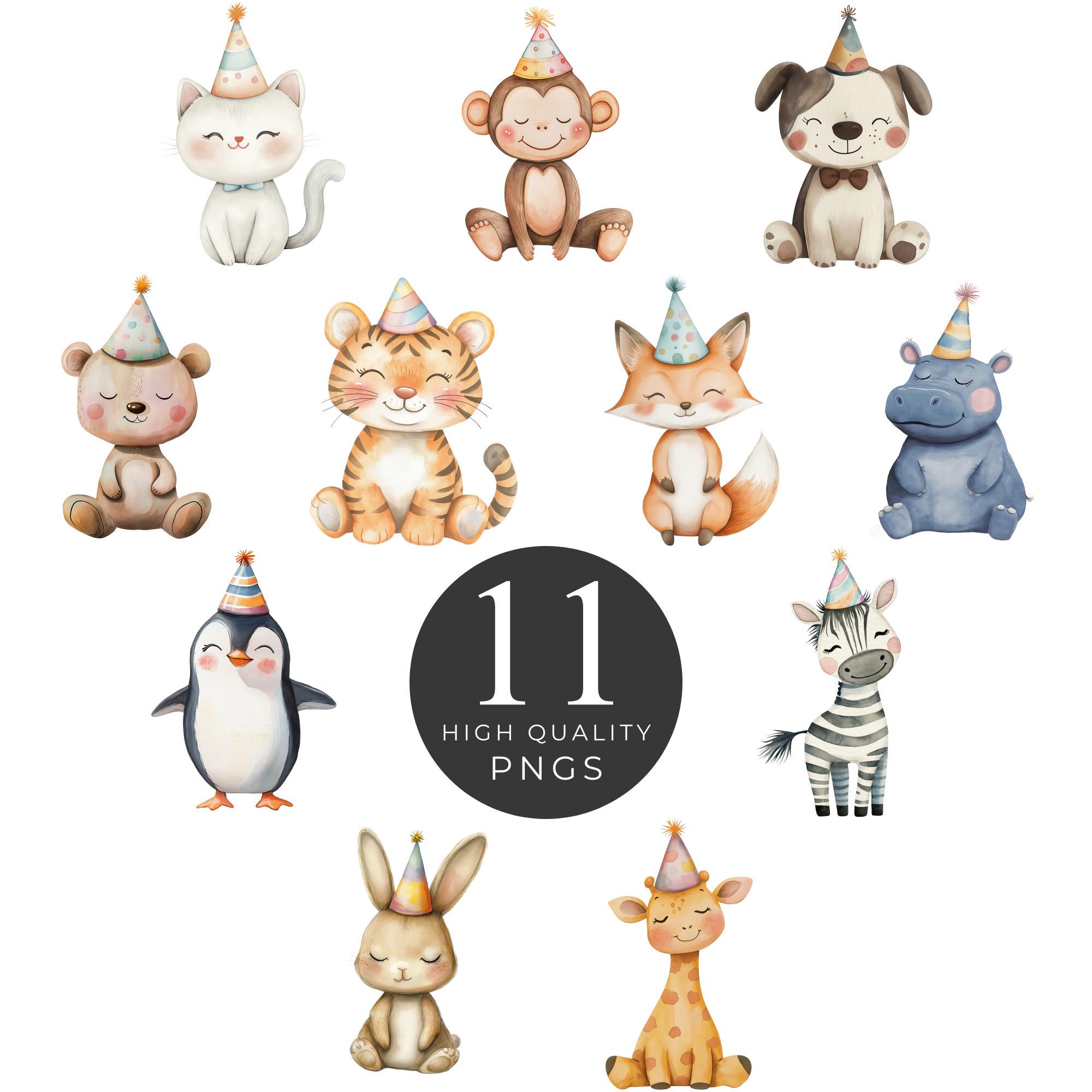 Cute Party Animals Clipart Pack, Party Hats, Colorful Birthday ...