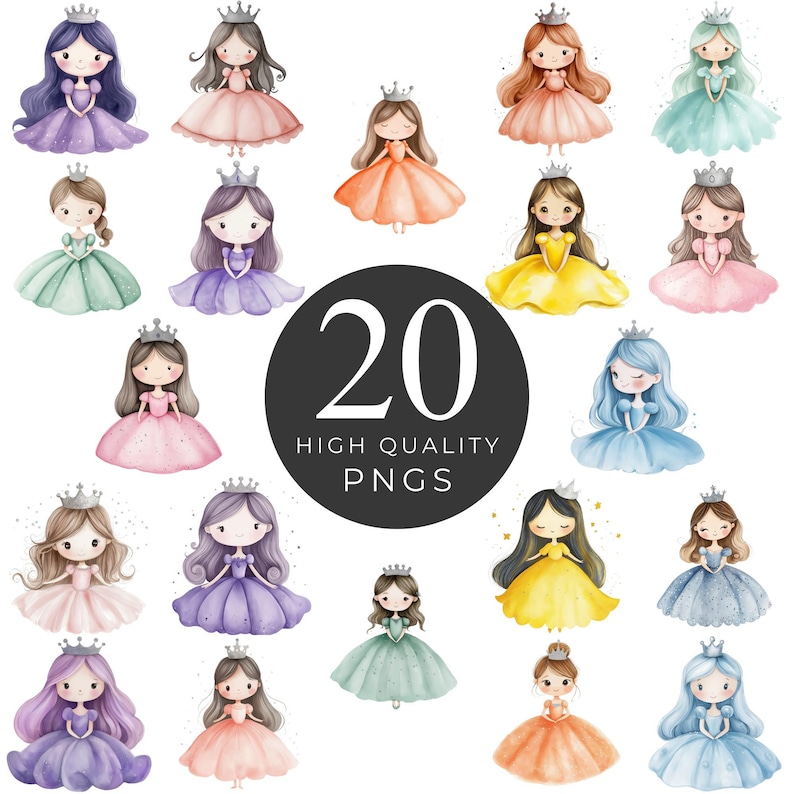 Glittering Fantasy Princesses Clipart Pack, Watercolor Pastel, Rainbow ...