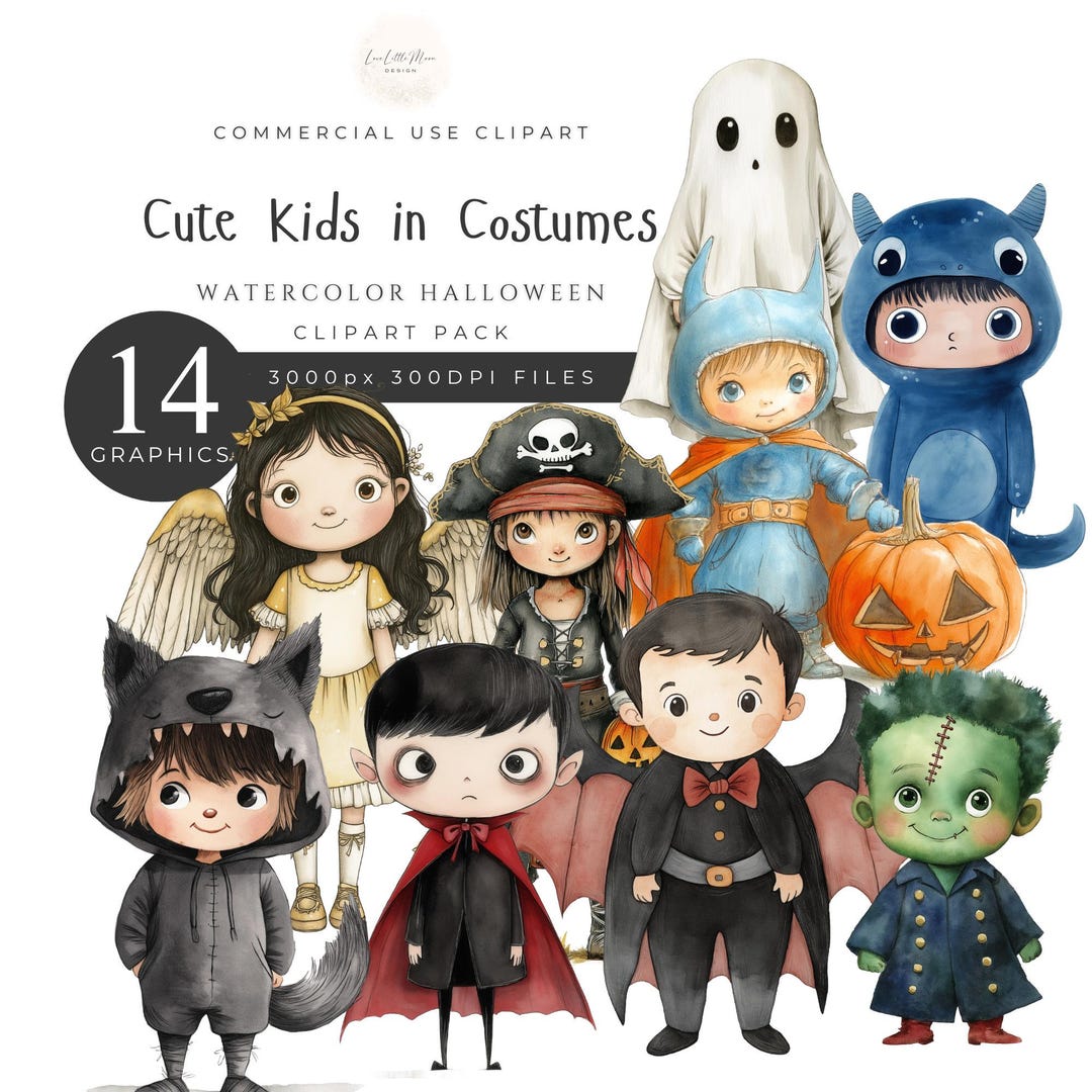 Cute Kids in Halloween Costumes Clipart Pack, Trick or Treating, Spooky ...