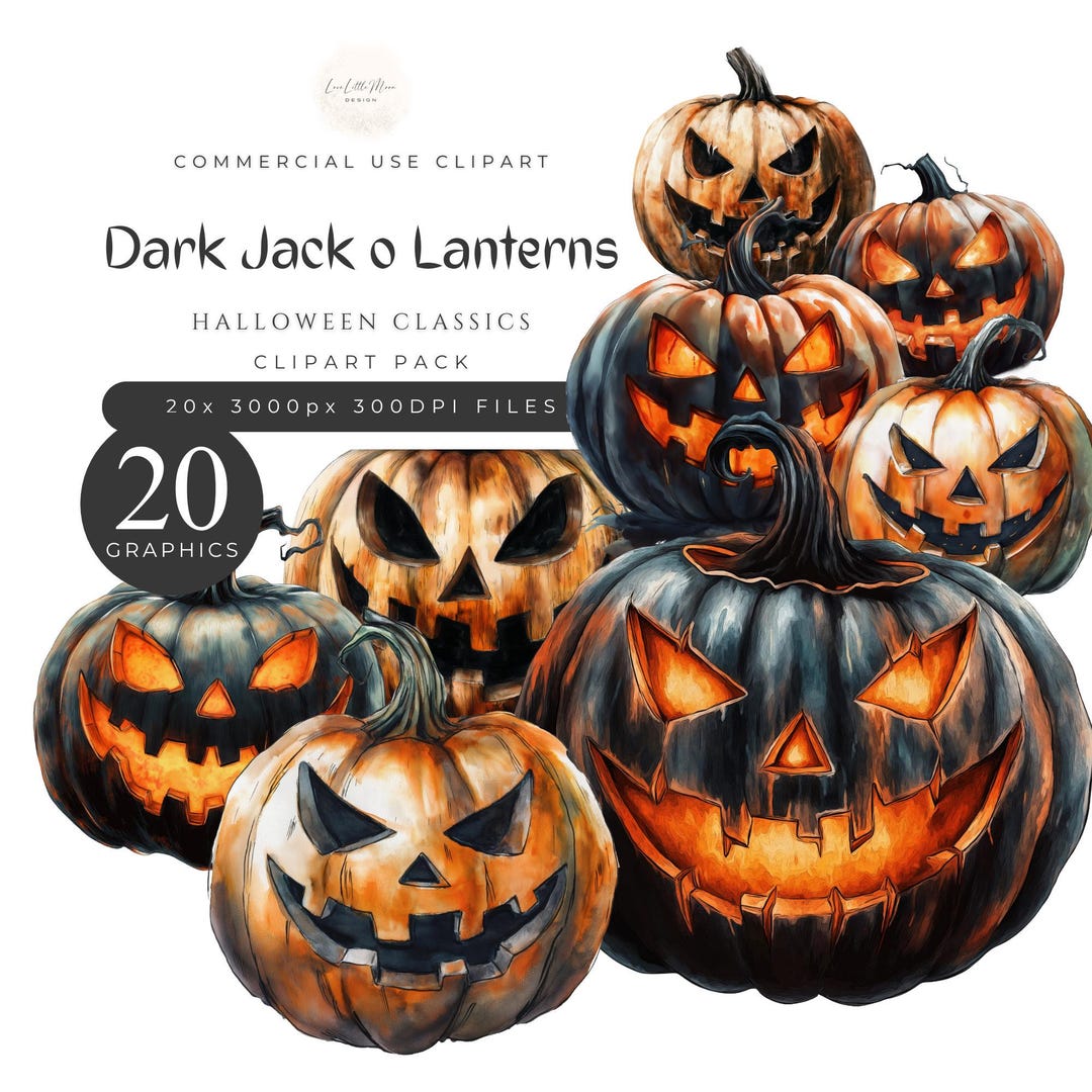 Dark Jack O Lanterns Pumpkin Clipart Pack, Watercolor Halloween, Black ...