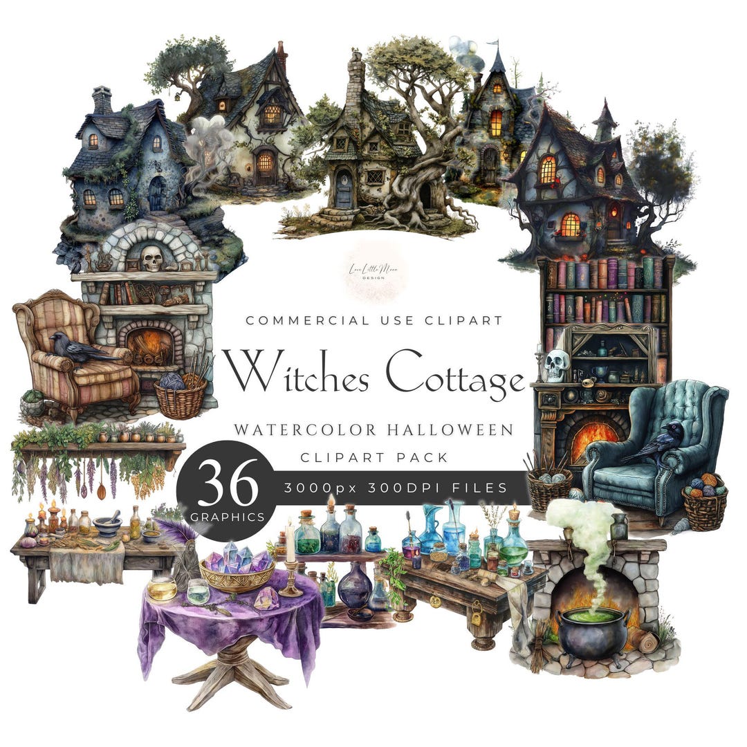 Witches Cottage Witchcore Clipart Pack, Watercolor Fantasy Friends ...