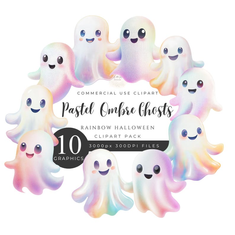 Pastel Rainbow Ombre Ghosts Clipart Pack, Colorful, Spooky, Halloween ...