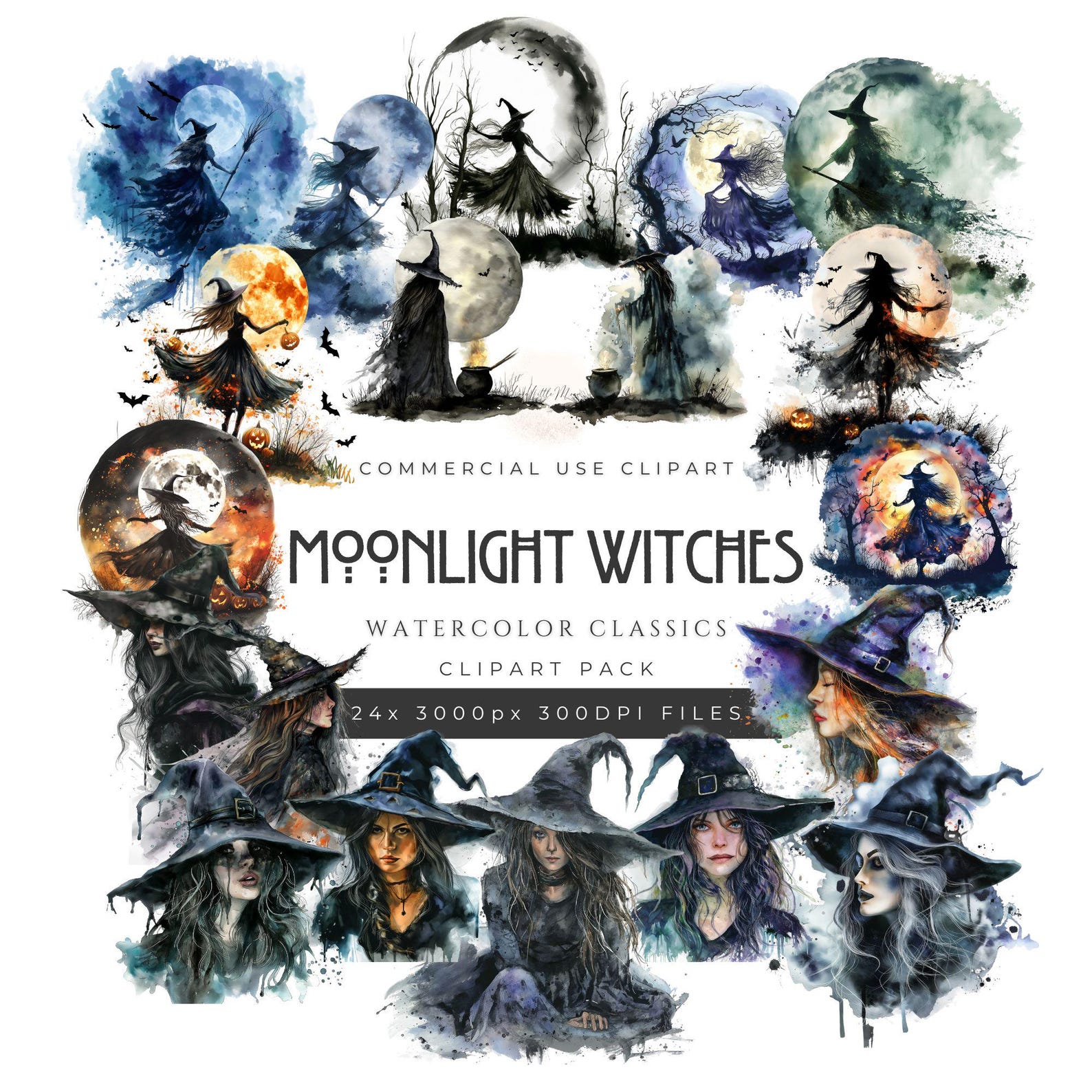 Moonlight Witches Lunar Witch Clipart Pack, Watercolor Fantasy Friends ...
